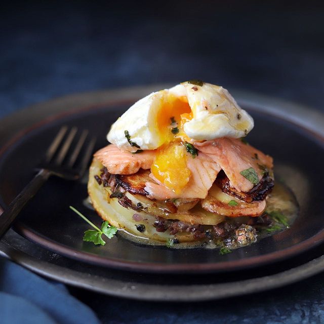 Seared Salmons on Tartare Potato Cake with Warm Poached Egg from Open ...